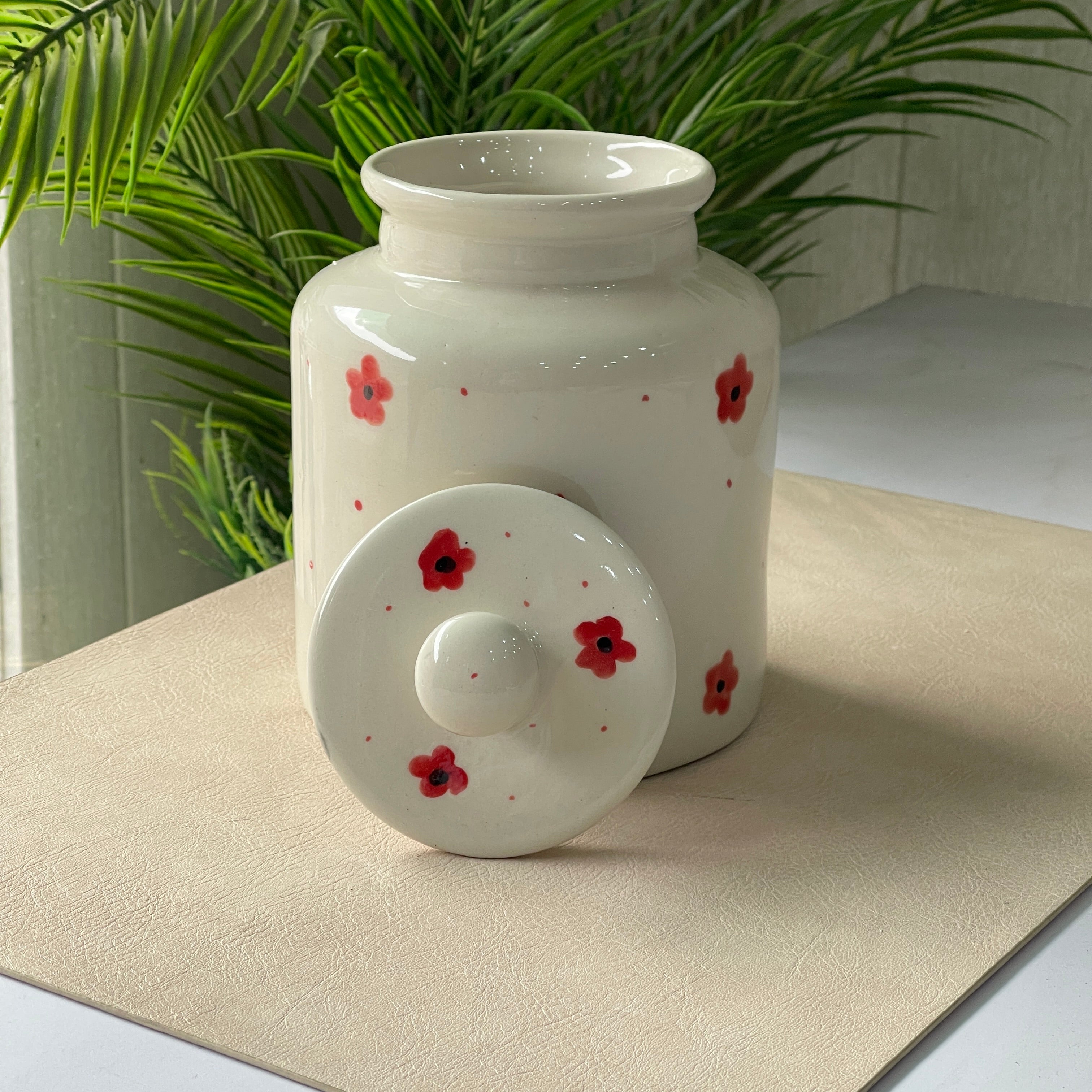 Large Ceramic Candy Jar ( Glossy Off-White with Red Flowers ) ( 1500 m ...
