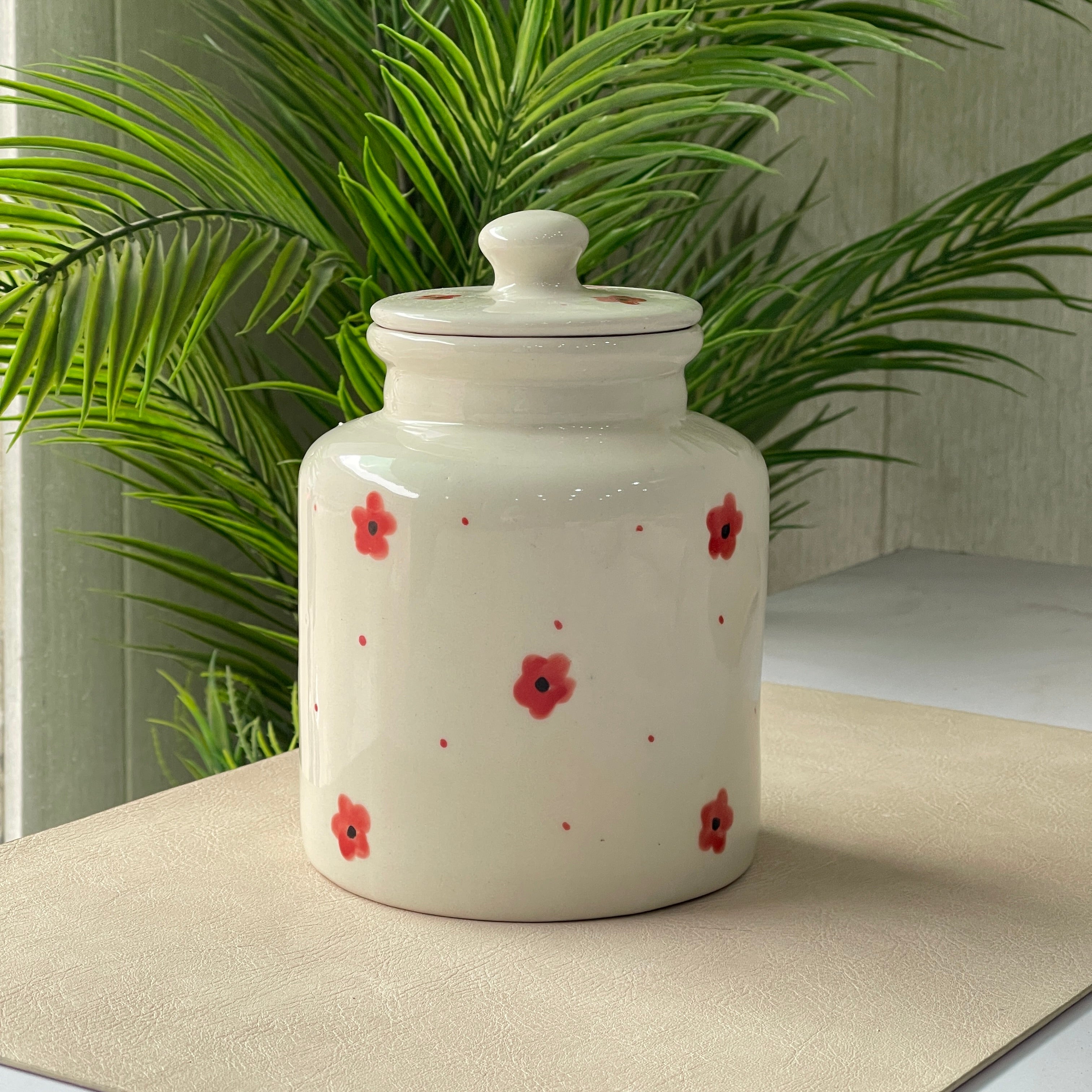 Large Ceramic Candy Jar ( Glossy Off-White with Red Flowers ) ( 1500 m ...